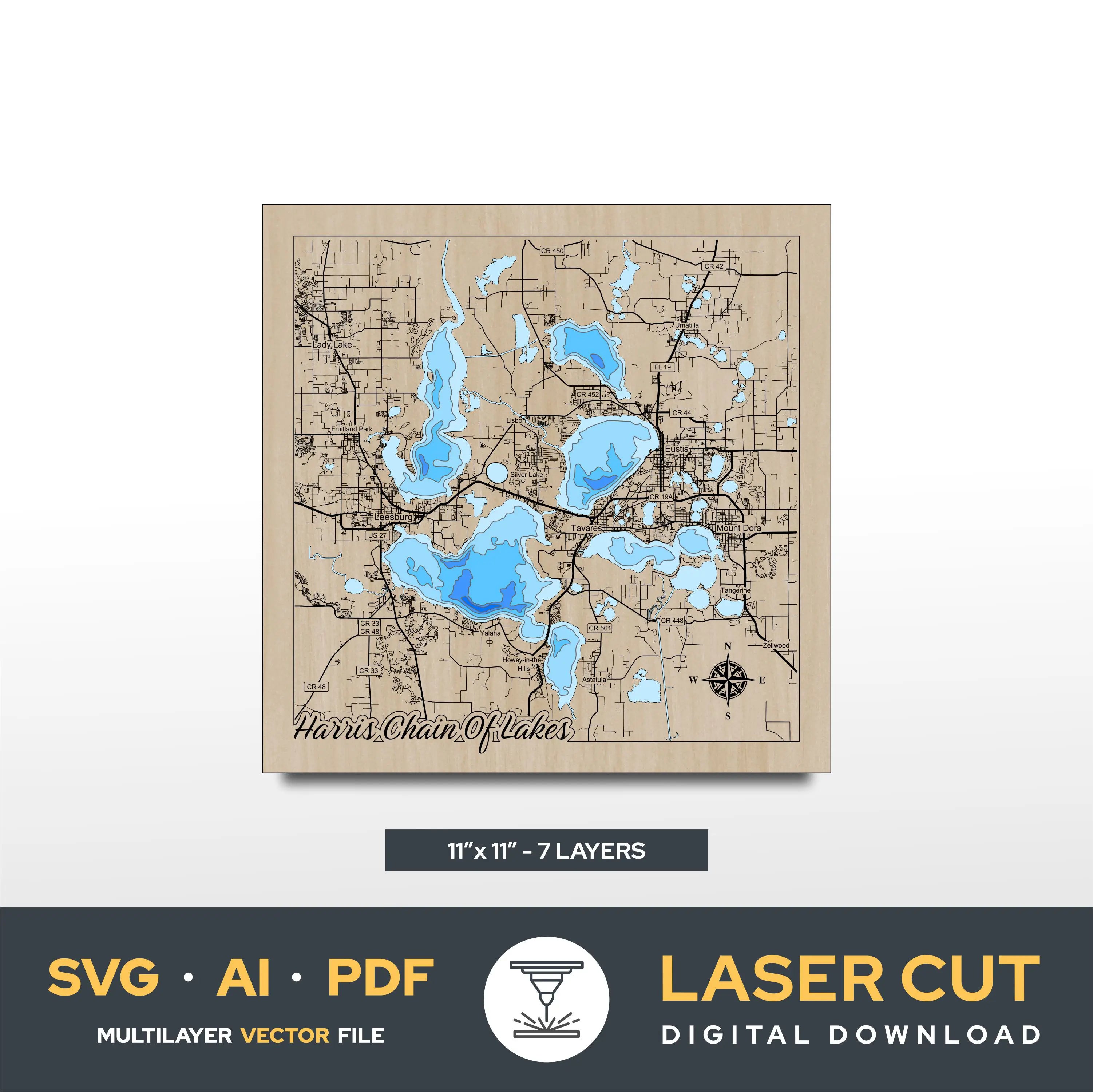 Lake Harris Chain of Lakes Florida Laser Cut File – Mapiqtura